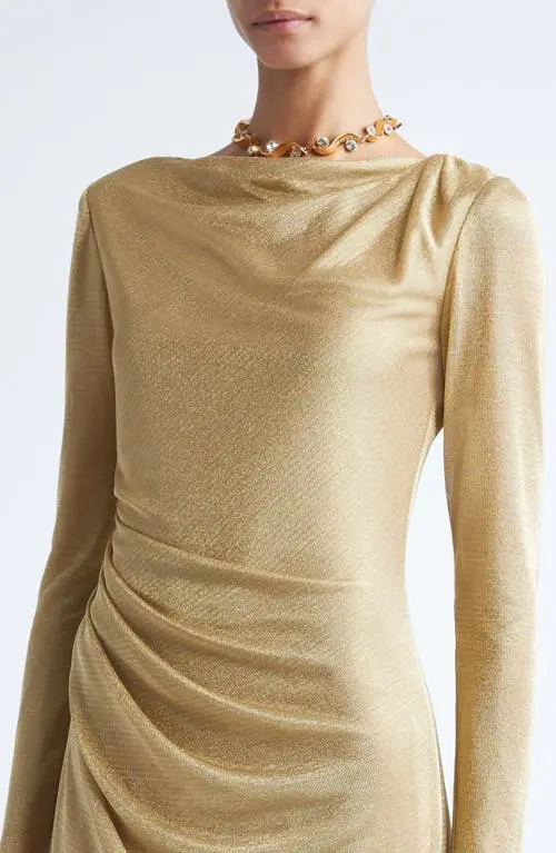 Oscar De La Renta Draped Long Sleeve Metallic Jersey Gown - Gold |  Editorialist