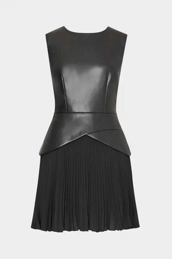 MILLY Haddy Leather Pleated Mini Dress - Black/black