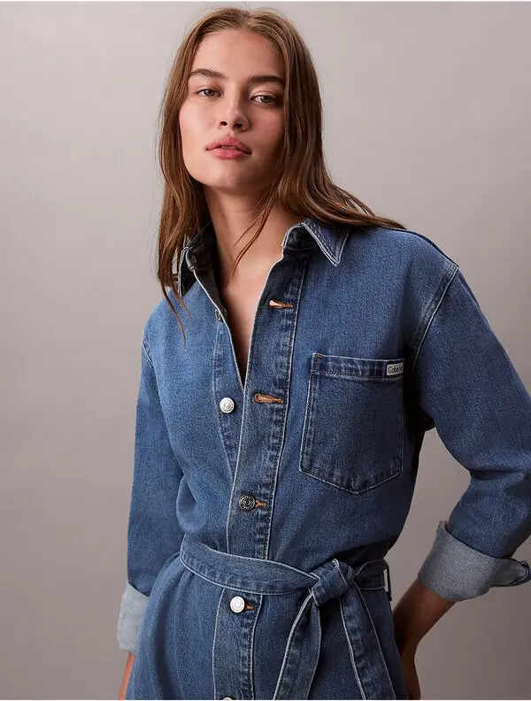 Calvin Klein Denim Mini Shirt Dress With Belt In Blue Topaz - 60% Off |  Editorialist