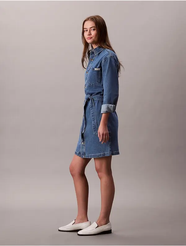 Calvin Klein Denim Mini Shirt Dress With Belt In Blue Topaz - 60% Off |  Editorialist