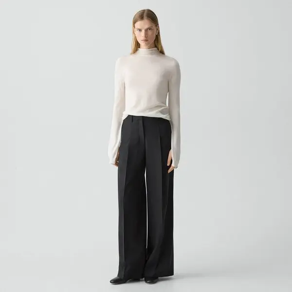 Theory Pleated Wide-leg Good Wool Pant - Black