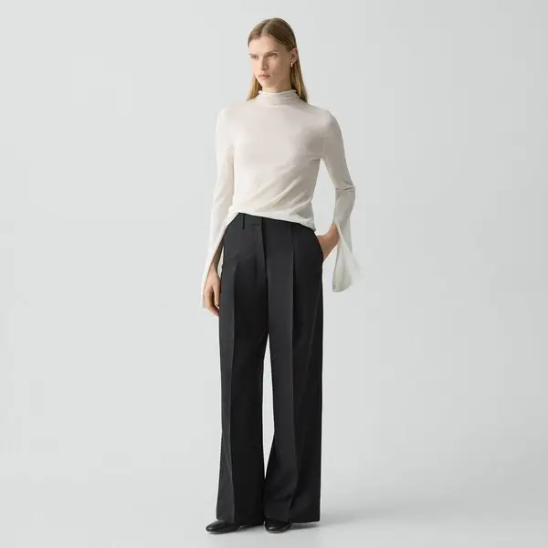 Theory Pleated Wide-leg Good Wool Pant - Black