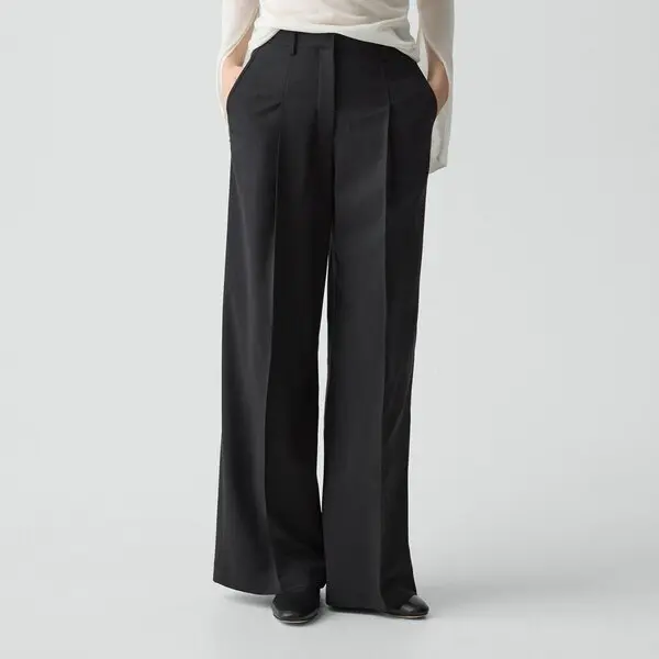 Theory Pleated Wide-leg Good Wool Pant - Black