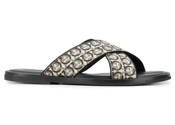 FERRAGAMO Gancini Printed Pool Slides - Beige/black