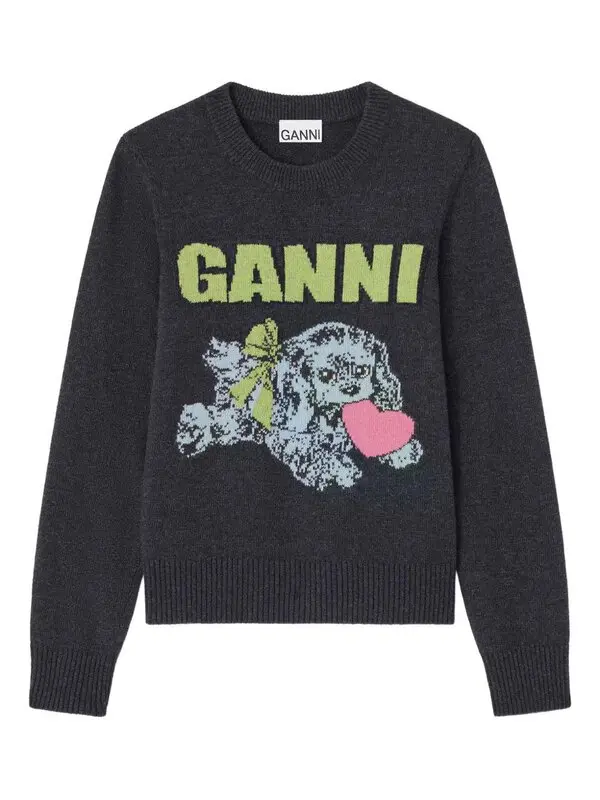 GANNI Puppy Logo Crew-neck Sweater - Grey