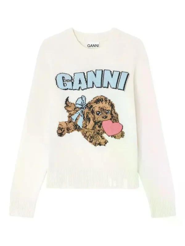 GANNI Puppy Logo Intarsia Sweater - Neutrals
