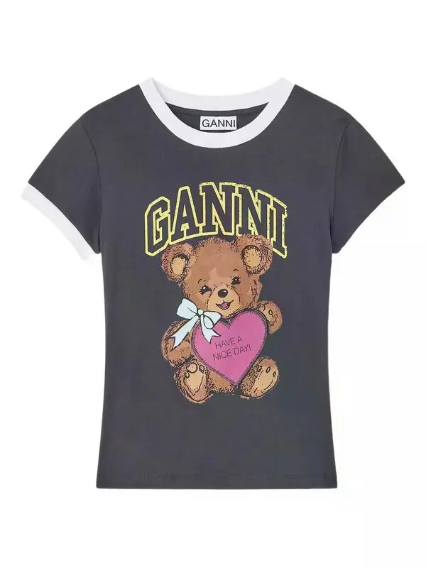 GANNI Teddy-print Ringer T-shirt - Grey