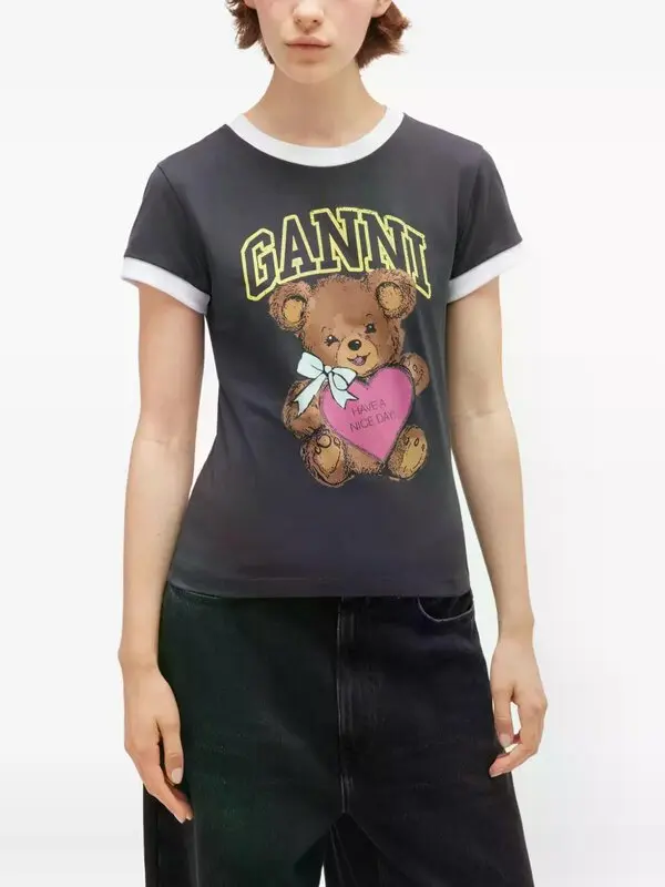 GANNI Teddy-print Ringer T-shirt - Grey