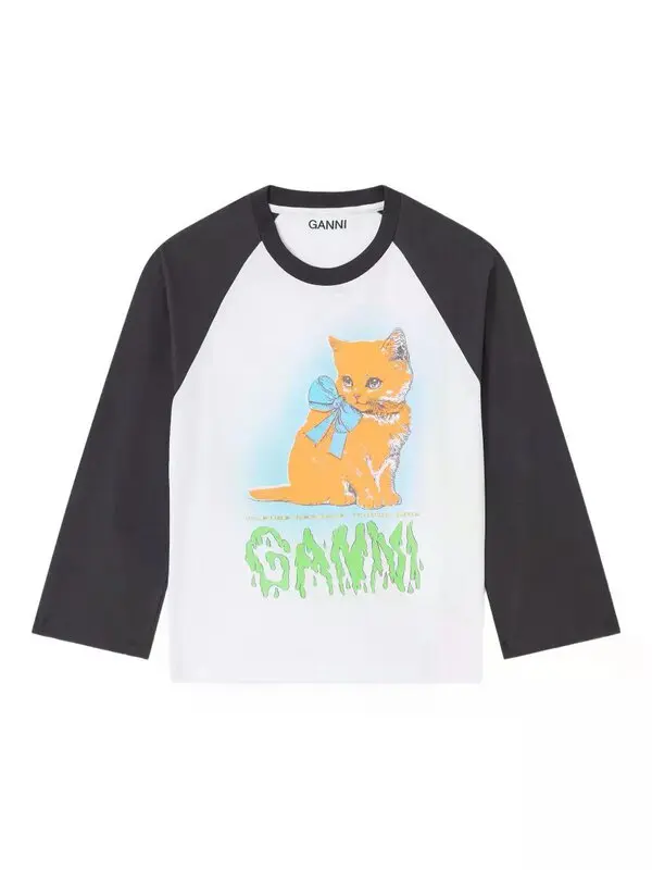 GANNI Kitty-print Baseball Top - White
