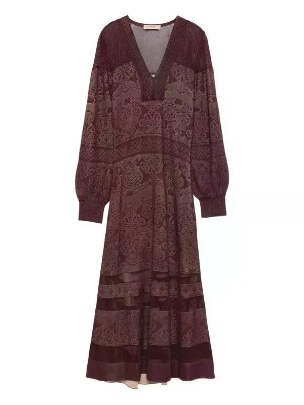TWINSET Maxi V-neck Dress With Long Sleeves And Patterned Knit - Red