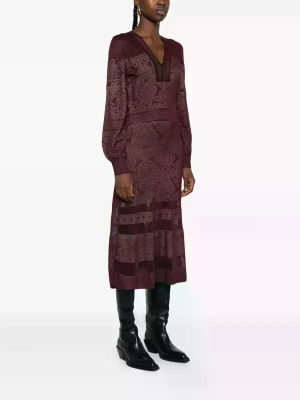 TWINSET Maxi V-neck Dress With Long Sleeves And Patterned Knit - Red