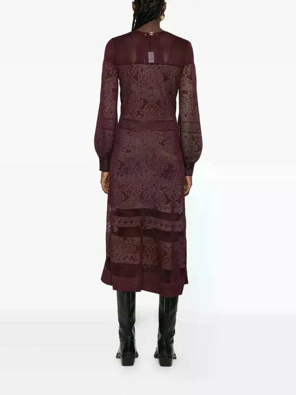 TWINSET Maxi V-neck Dress With Long Sleeves And Patterned Knit - Red