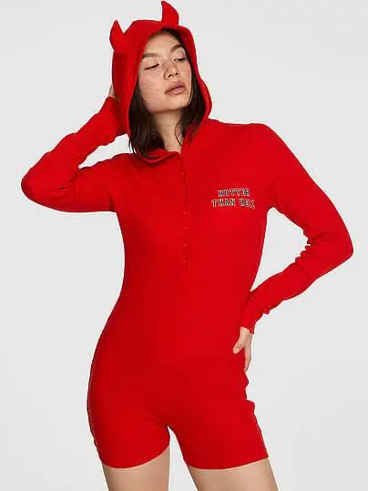 Pink Long Sleeve Romper With Hoodie Detail - Red