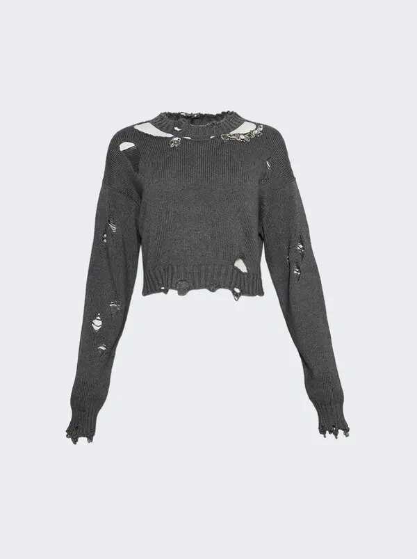 AREA Distressed Crewneck Sweater With Crystal Embellishments - Grey