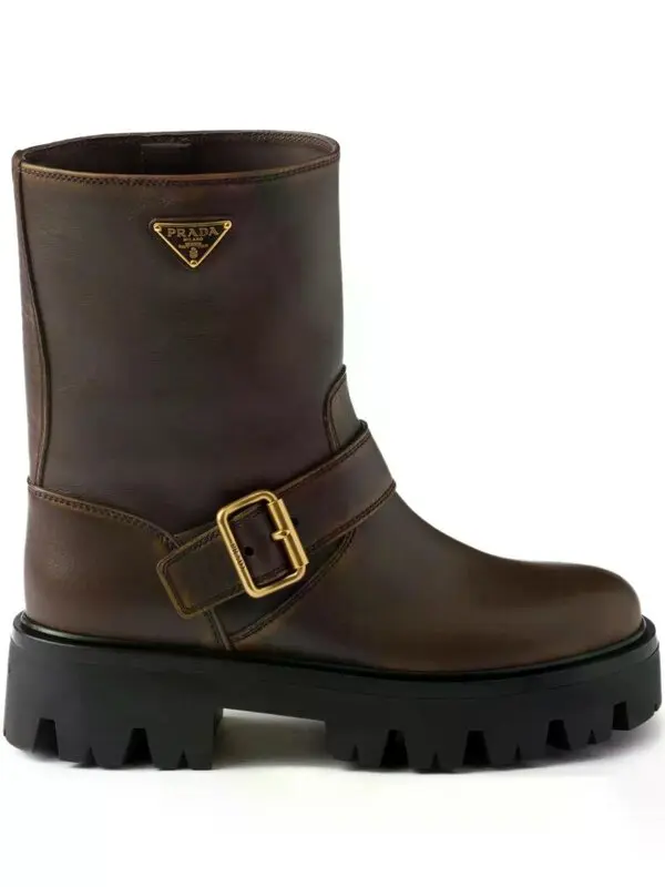 Prada Leather Buckled Combat Boots - Brown