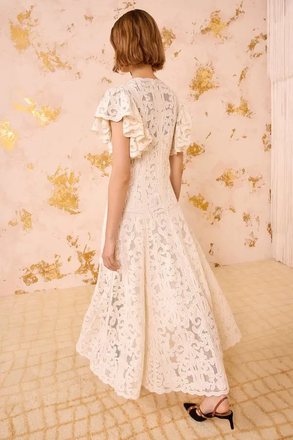 Ulla Johnson Cecile Applique Flutter Sleeve Long Dress