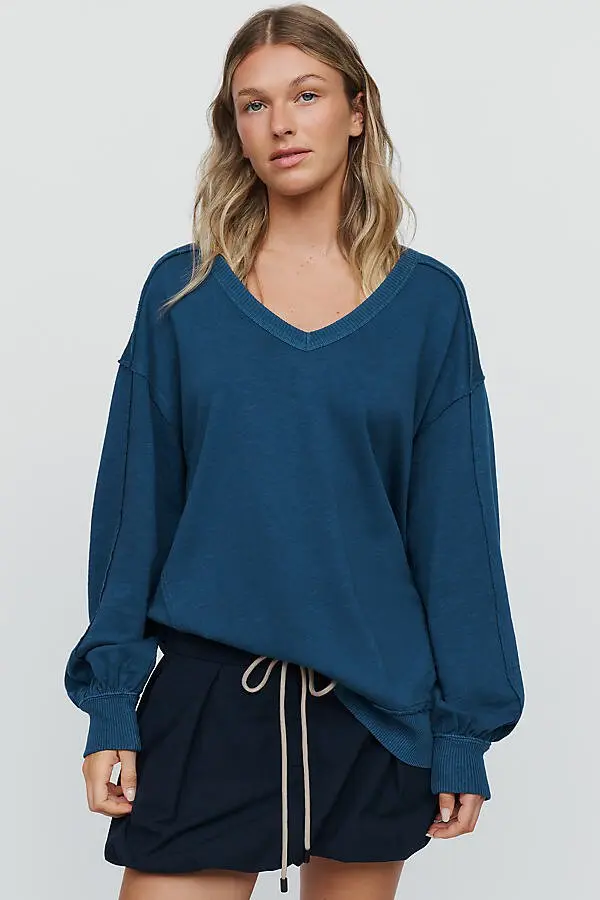 PILCRO Hudson Cotton Popover Top - Dark Blue