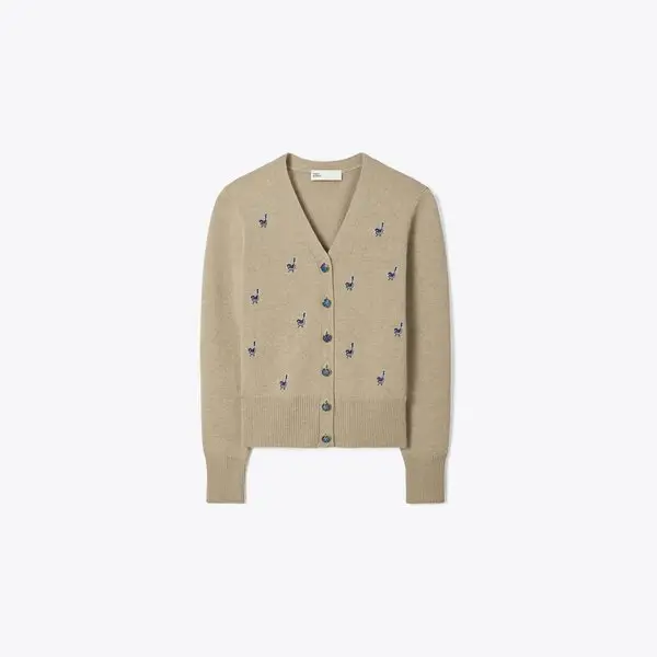 Tory Burch Birdie-embroidered Cashmere Cardigan - Deep Toffee