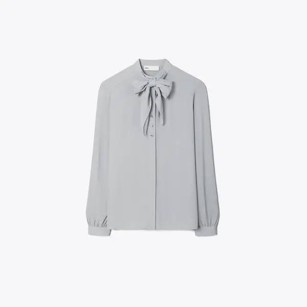 Tory Burch Georgette Bow Blouse - Gray