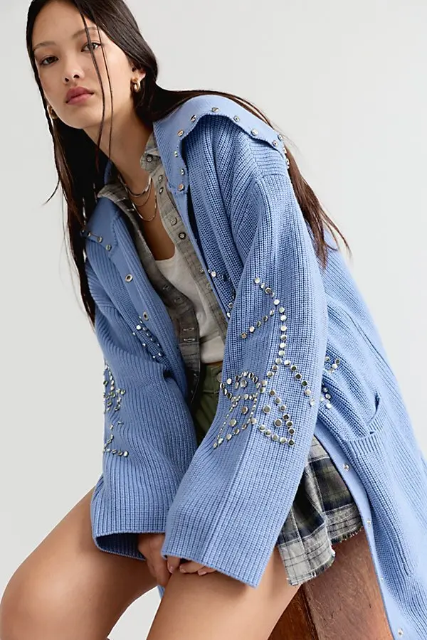 UNDERSTATED LEATHER Possibilities Studded Cardigan - Blue