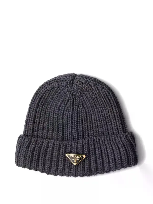Prada Triangle Logo Ribbed Beanie - Grey