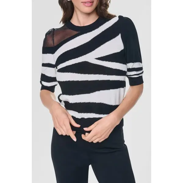 Dkny Zebra Stripe Three-quarter Sleeve Sweater - Black/ivory