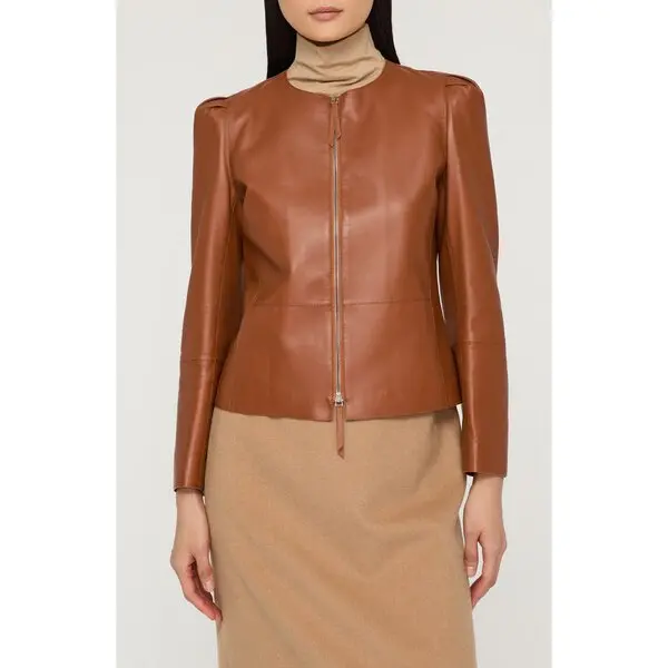 Lafayette 148 New York Lambskin Leather Jacket With Puff Shoulders