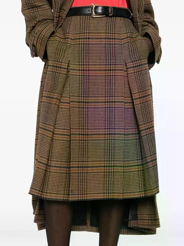 Saint Laurent Pleated Plaid Midi Skirt - Brown