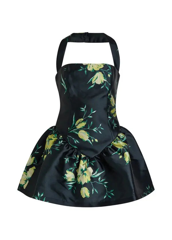 DE LA VALI Aura Floral-print Faille Mini Dress - Black
