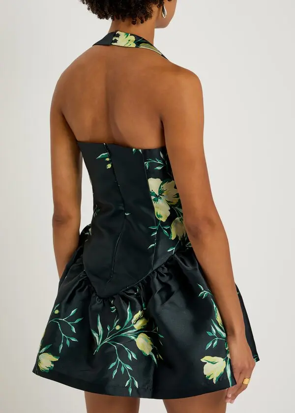 DE LA VALI Aura Floral-print Faille Mini Dress - Black