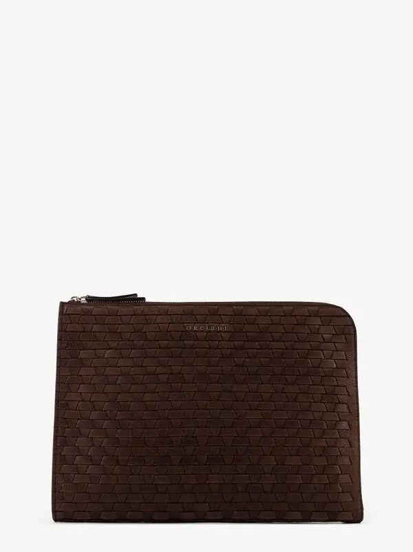 ORTIGNI Leather Briefcase With Woven Motif - Brown