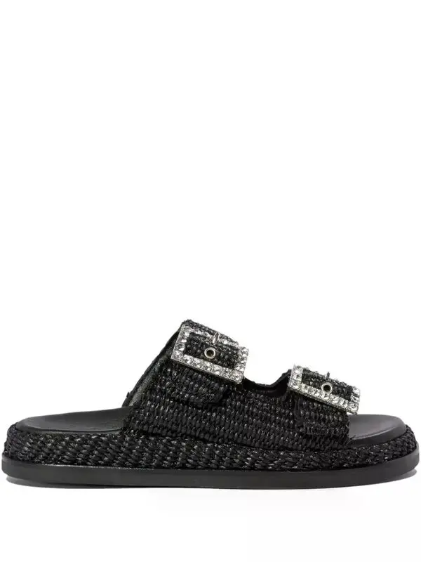 ALIBI Raffia Embellished Buckle Sandals - Black