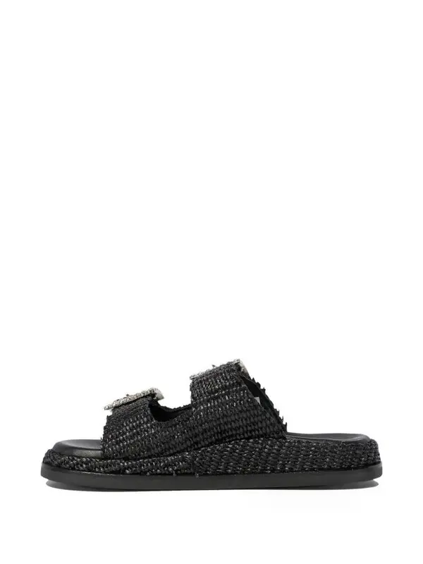 ALIBI Raffia Embellished Buckle Sandals - Black