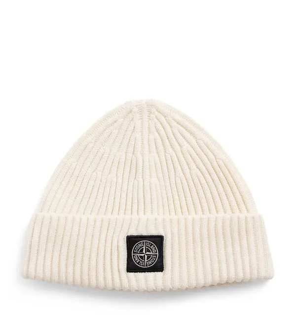 Stone Island Virgin Wool Ribbed Beanie - Ivory