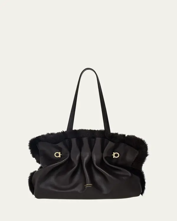 FERRAGAMO Medium Gancio Piercing Shoulder Bag With Fur Trim