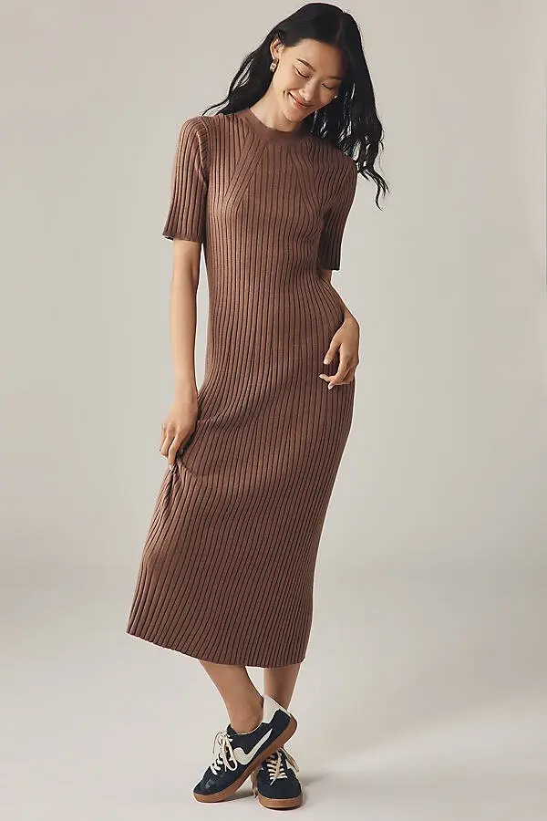 Varley Maeve 2.0 Ribbed Short-Sleeve Midi Dress In Deep Taupe - 35% Off |  Editorialist