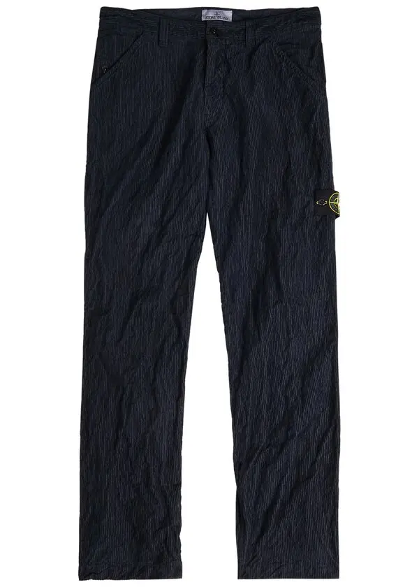 Stone Island Crinkled Tapered-leg Corduroy Trousers - Navy
