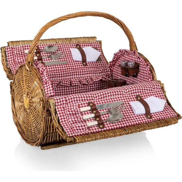 PICNIC TIME Barrel Picnic Basket - Red & White Gingham Pattern