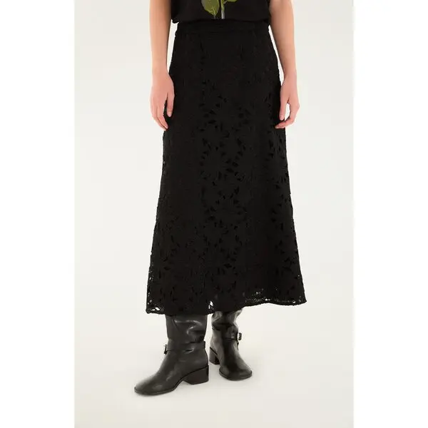 Farm Rio Floral Lace Midi Skirt - Black