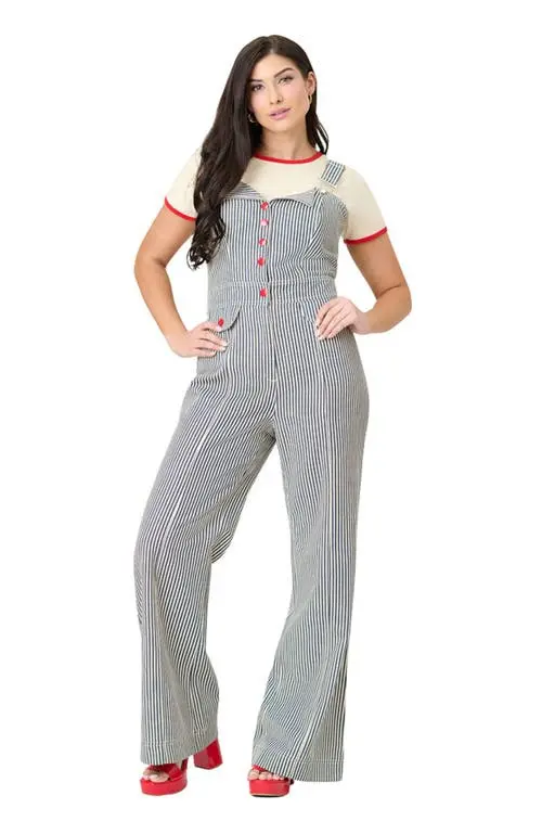 SMAK PARLOUR Wide Leg Dungarees - Navy White Stripes