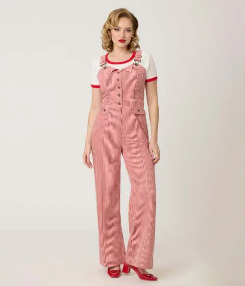SMAK PARLOUR Wide Leg Dungarees - Red & White Stripe
