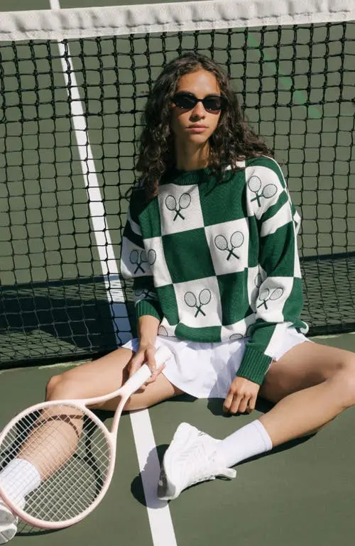 ELLSWORTH + IVEY Riley Checkered Tennis Pullover - Green/ivory