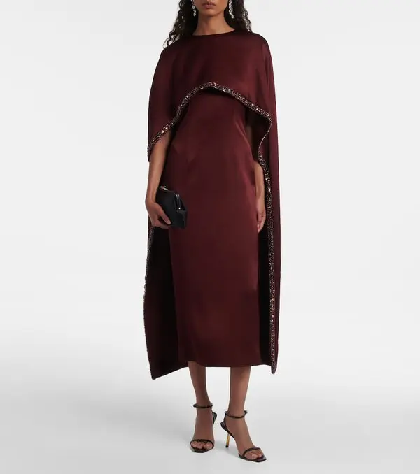 Roland Mouret Embellished Caped Satin Crêpe Midi Dress - Burgundy