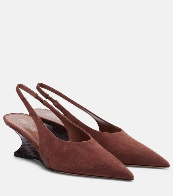 Paris Texas Nina 50 Suede Pointed Toe Slingback Wedges - Brown