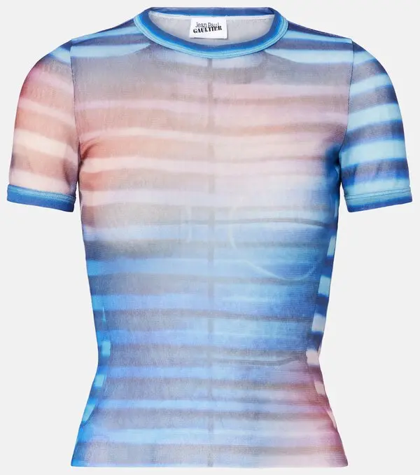 JEAN PAUL GAULTIER Printed Striped Mesh T-shirt - Blue