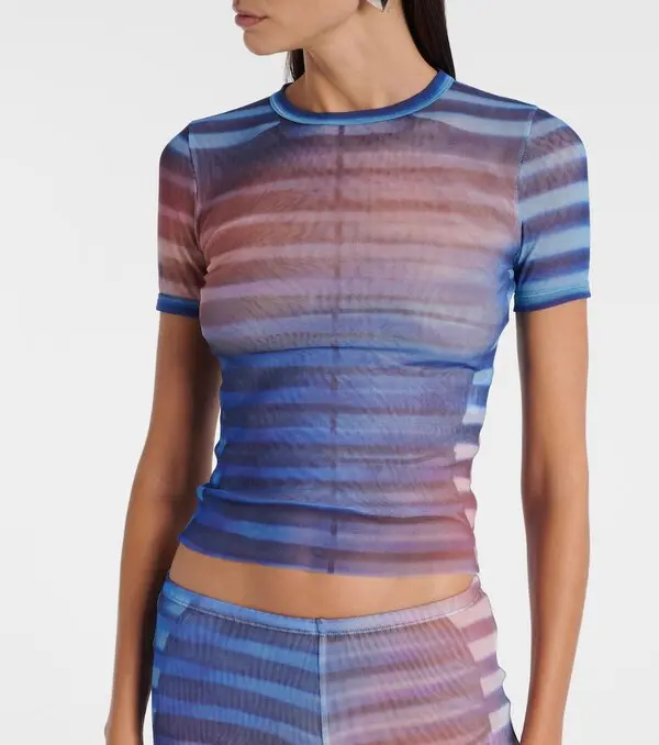 JEAN PAUL GAULTIER Printed Striped Mesh T-shirt - Blue