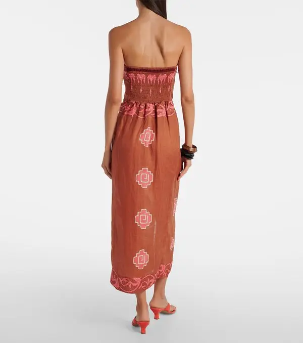 Johanna Ortiz Embroidered Smocked Linen Midi Dress