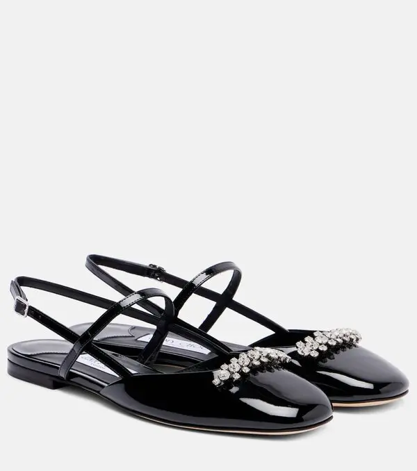 JIMMY CHOO Belinda Embellished Patent Leather Flats - Black