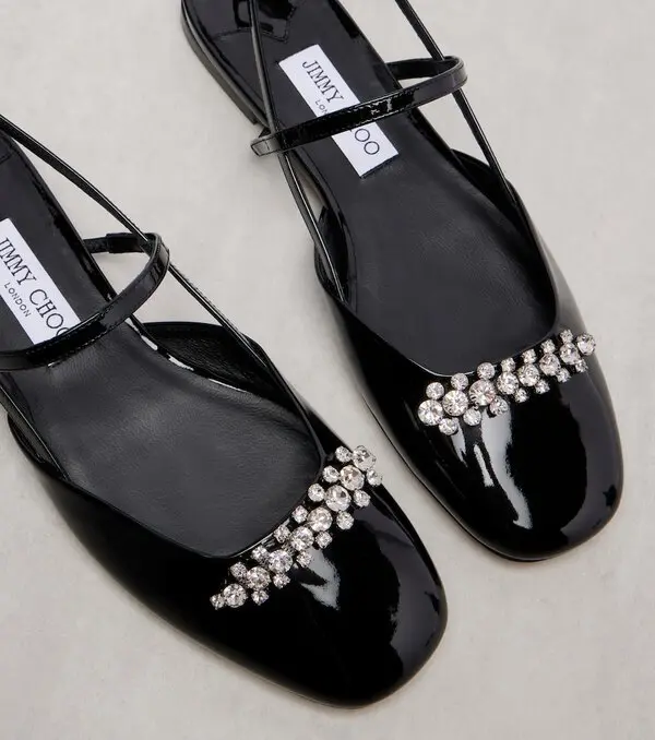 JIMMY CHOO Belinda Embellished Patent Leather Flats - Black