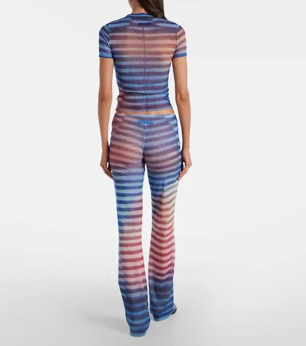 JEAN PAUL GAULTIER Printed Striped Mesh Flared Pants - Blue